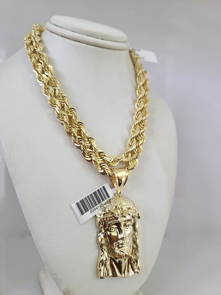 10kt Gold Solid Rope Chain Jesus Head Charm Set 18"-30'' Inch 6mm ...