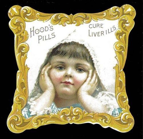 trade card, HOODS PILLS, KILLS LIVER ILLS, GOLD FRAME, GIRLS FACE S6D ...