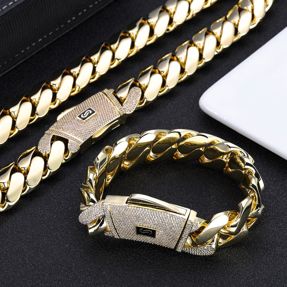 Hip Hop Shiny Glossy Miami Cuban Chain Necklace 14K Gold Plated Mens ...