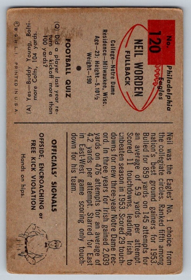 1954 Bowman Neil Worden #120 - Philadelphia Eagles - Rookie RC (B) | eBay