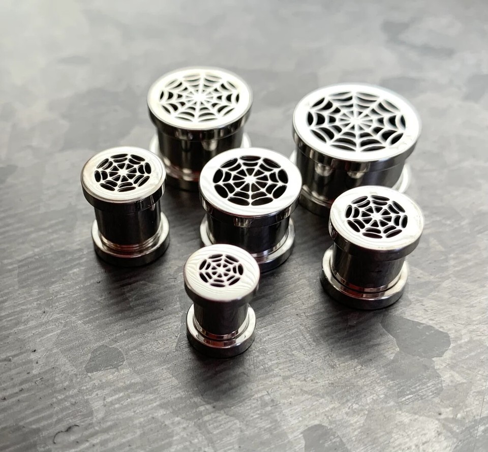 PAIR Spider Web Steel Tunnels Spiderweb Ear Plugs Earlets Gauges | eBay