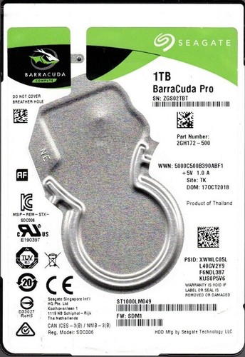 ST1000LM049 P/N: 2GH172-500 F/W: SDM1 TK ZGS Seagate BarraCuda Pro 1TB ...