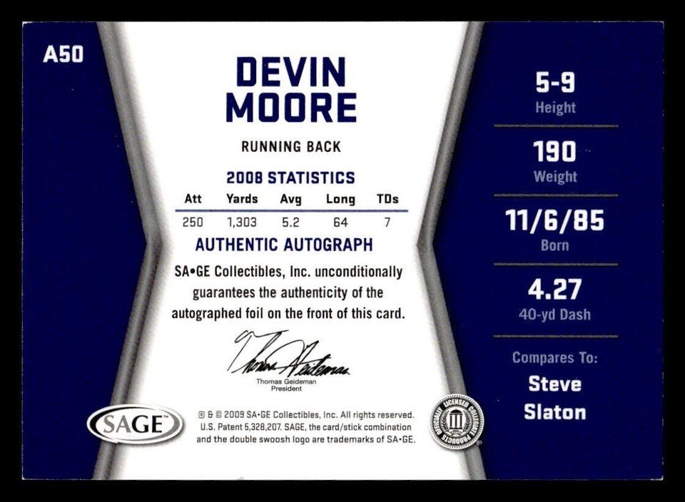 2009 Sage Hit Auto Rookie Devin Moore #A50 Wyoming Cowboys/Seattle ...