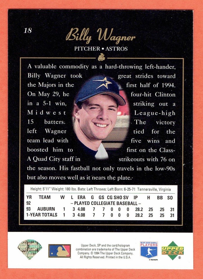 Billy Wagner 1994 Upper Deck SP Rookie Card RC #18 Premier Prospects ...