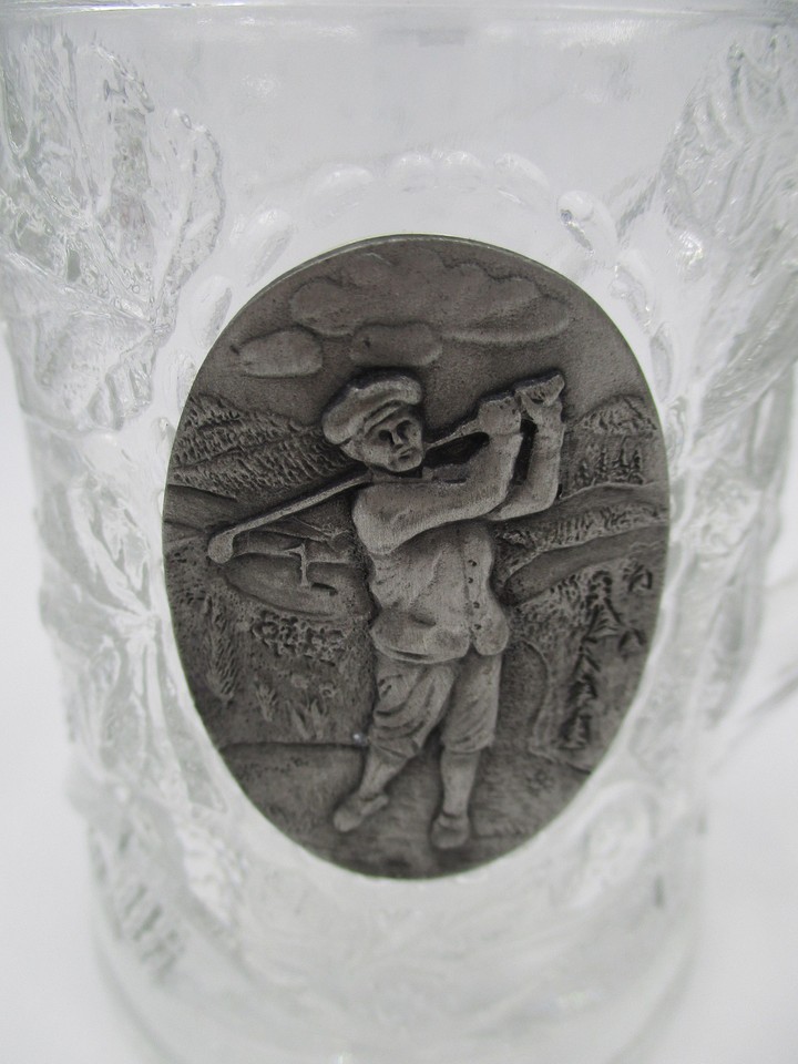 Golf Beer Mug Pewter Player Plaque Embossed Grapes Vines 12 oz Glass ...