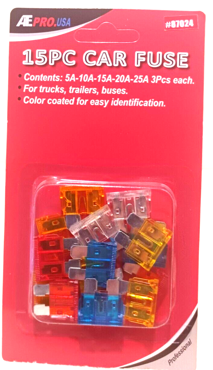 15 PC. FUSE SET 5, 10,15,20,25A 3 EACH REGULAR SIZE, cars , trucks ...