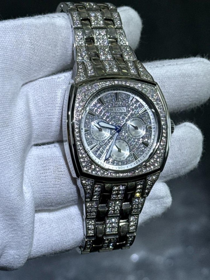 BULOVA Men's Iced Out Crystal Collection Phantom Silver Dial 40mm Watch ...