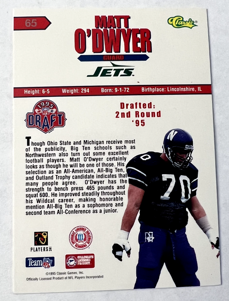 1995 Classic Games 1995 Draft Rookie Card NFL #65 Matt O'Dwyer New York ...