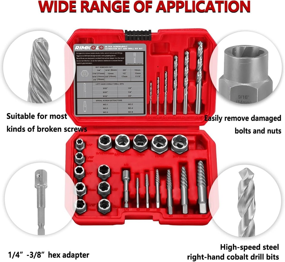 26-Piece Screw & Drill Bit Set, Multi-Spline & Bolt Extractors, Spiral ...