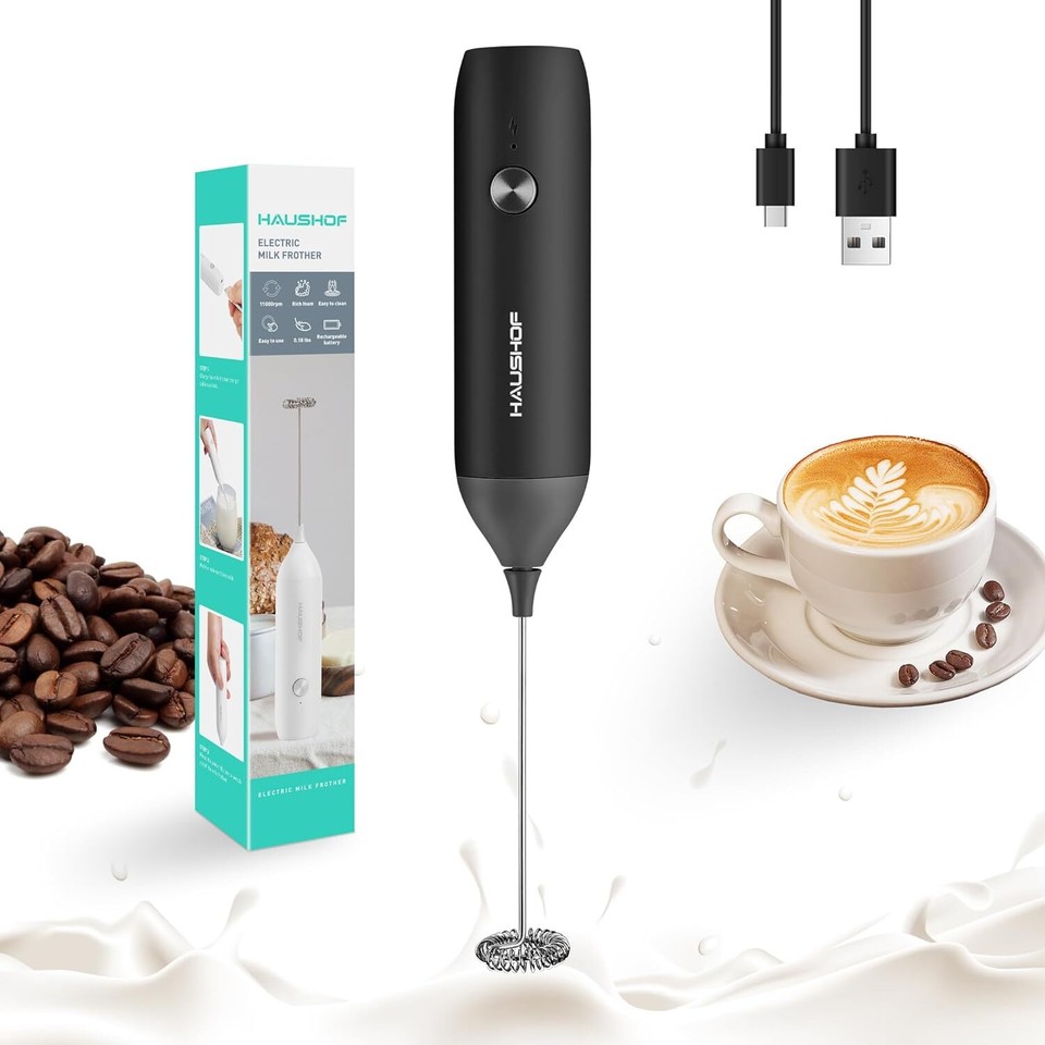 HAUSHOF Handheld Electric Milk Frother Foam Maker USB Type-C Whisk ...