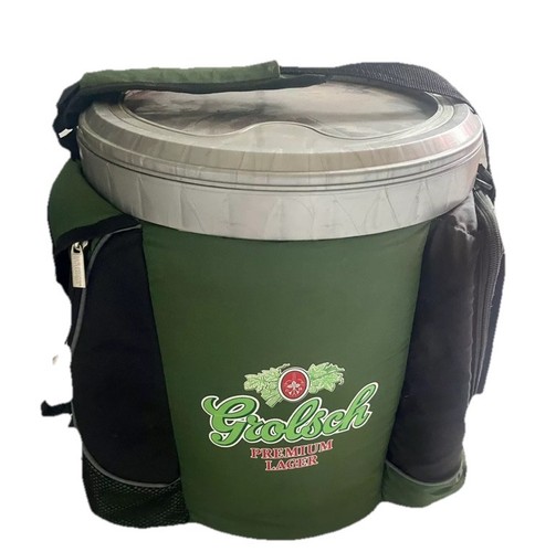 Vtg Grolsch Beer Cooler Round Hinged Lid Heavy Duty w/ Zipped Pockets ...