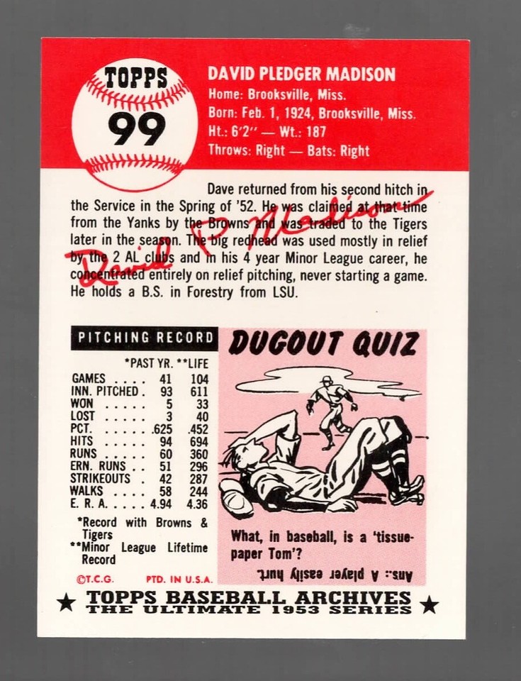 1991 Topps Archives 1953 #99 Dave Madison Mint | eBay