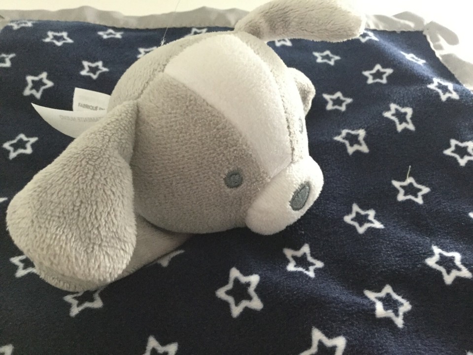 Carters Child of Mine Baby Lovey Puppy Dog Rattle Gray Blue Stars Satin ...