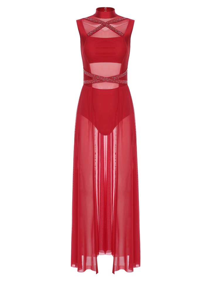 Women Lyric Dance Dress Outfit Solid Color Shiny Backless Turtleneck ...