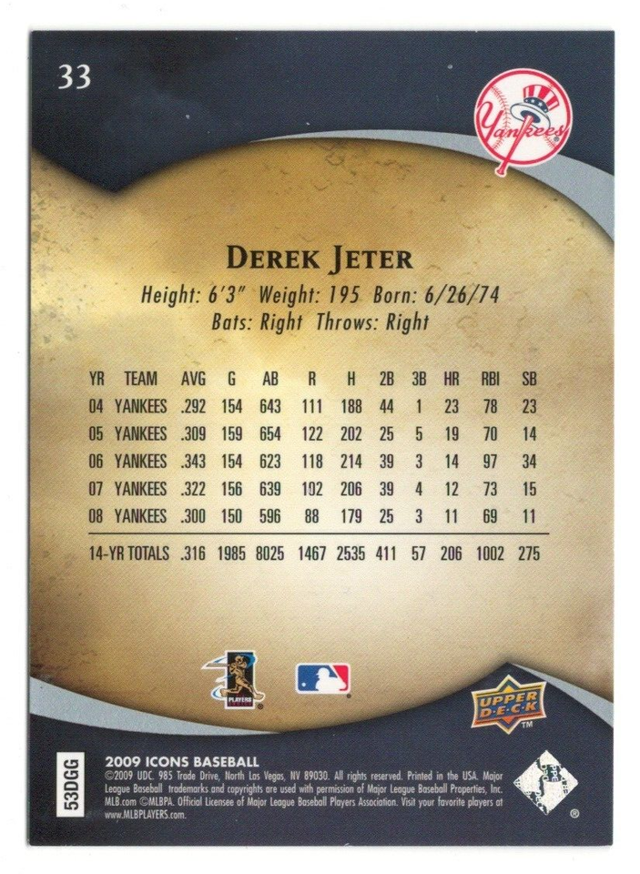 Derek Jeter 2009 Upper Deck Icons #33 Baseball Card | eBay