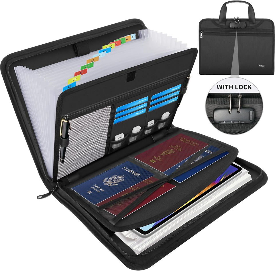 Accordion File Organizer with Lock, Fireproof Expanding File Folder ...