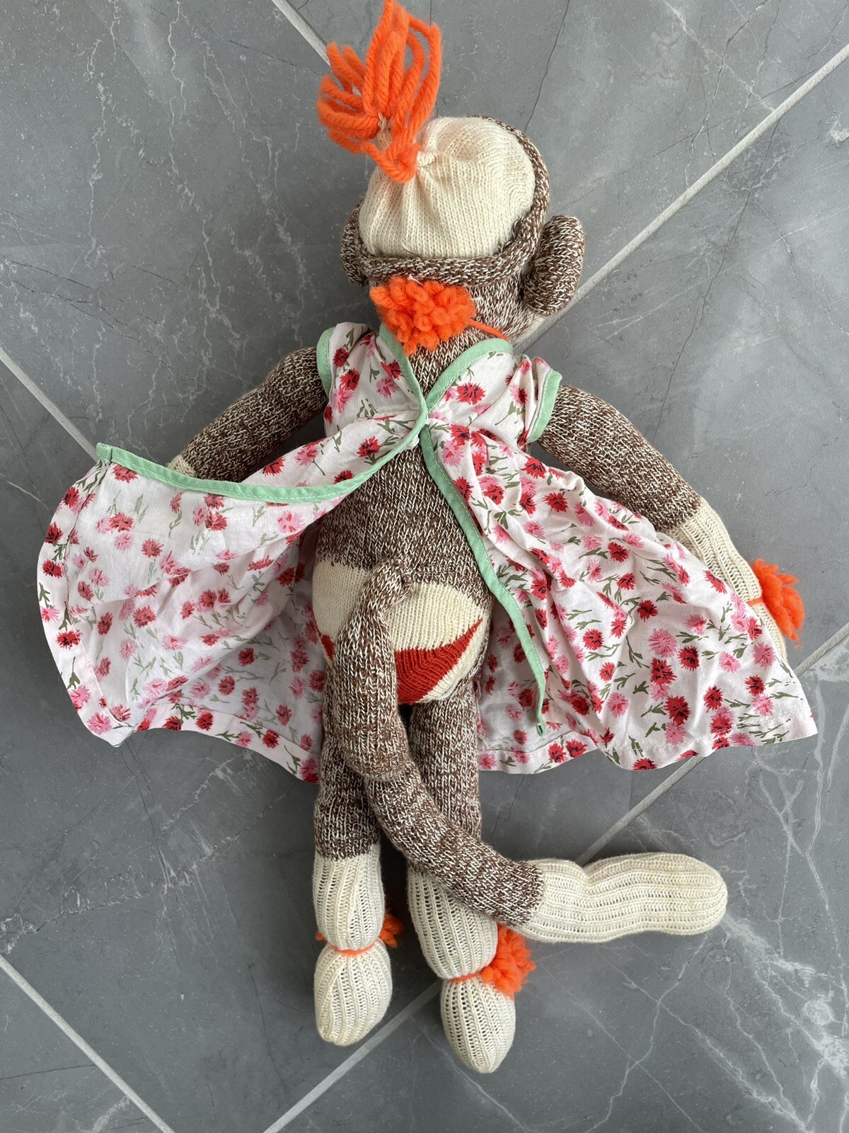 Adorable Vintage Hand Made Sock Monkey Doll Floral Sundress 17" Orange ...