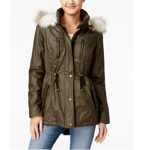 AMERICAN RAG Women's Juniors OLIVE COATED PARKA COAT w/ Faux Fur Trim ...