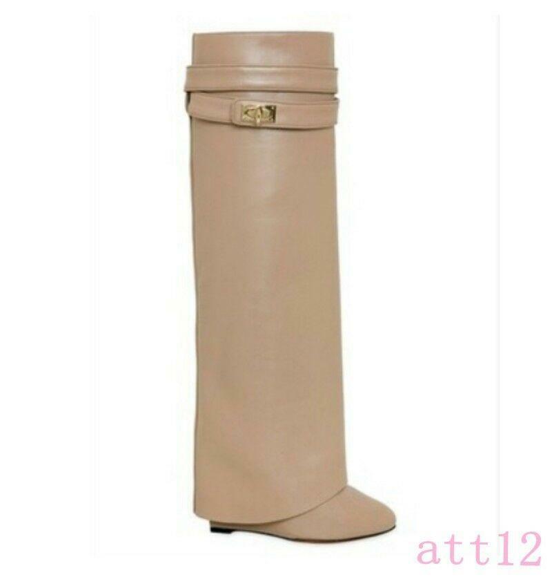 42 Womens Wedge Heel Leather Fold Over Knee High Boot Chic Fold Over ...