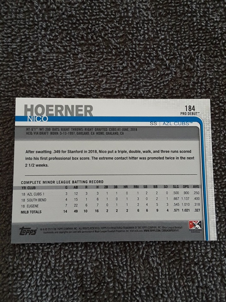 2019 Topps Pro Debut Nico Hoerner AZL Cubs Baseball Card #184 | eBay