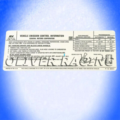 Aufkleber "Vehicle Emission Control" Chevrolet Corvette C3 1971 Decal ...