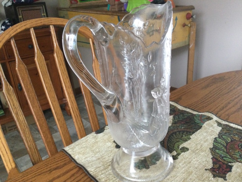 Cracked EAPG Dalzell Gilmore Leighton Glass Pitcher w Bicycle Girl See ...