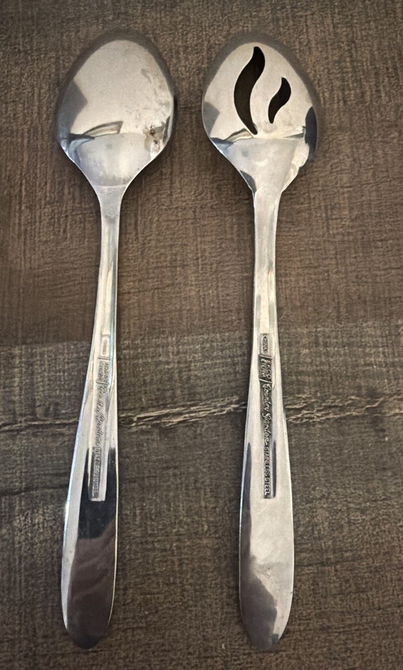 Vintage ECKO Eterna Country Garden Stainless Steel 2 pc Serving Spoons ...