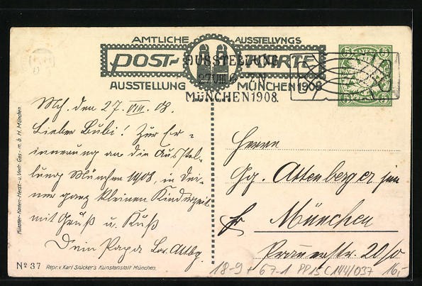Künstler-AK Ganzsache Bayern PP15 C 144 /037: München, Ausstellung 1908 ...