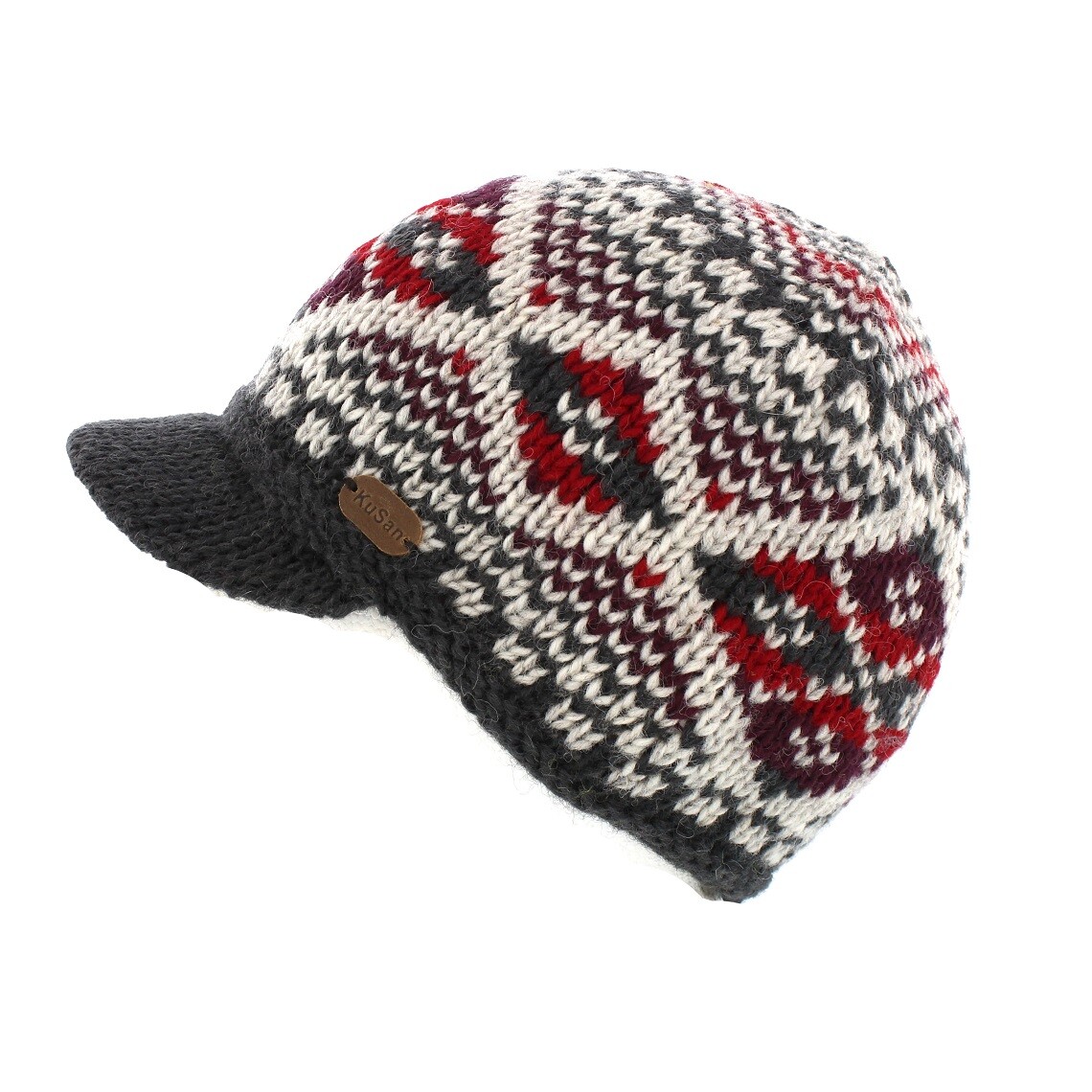 Kusan 100% Wool Knitted Peaked Beanie Cap Choice of Colours & Patterns ...