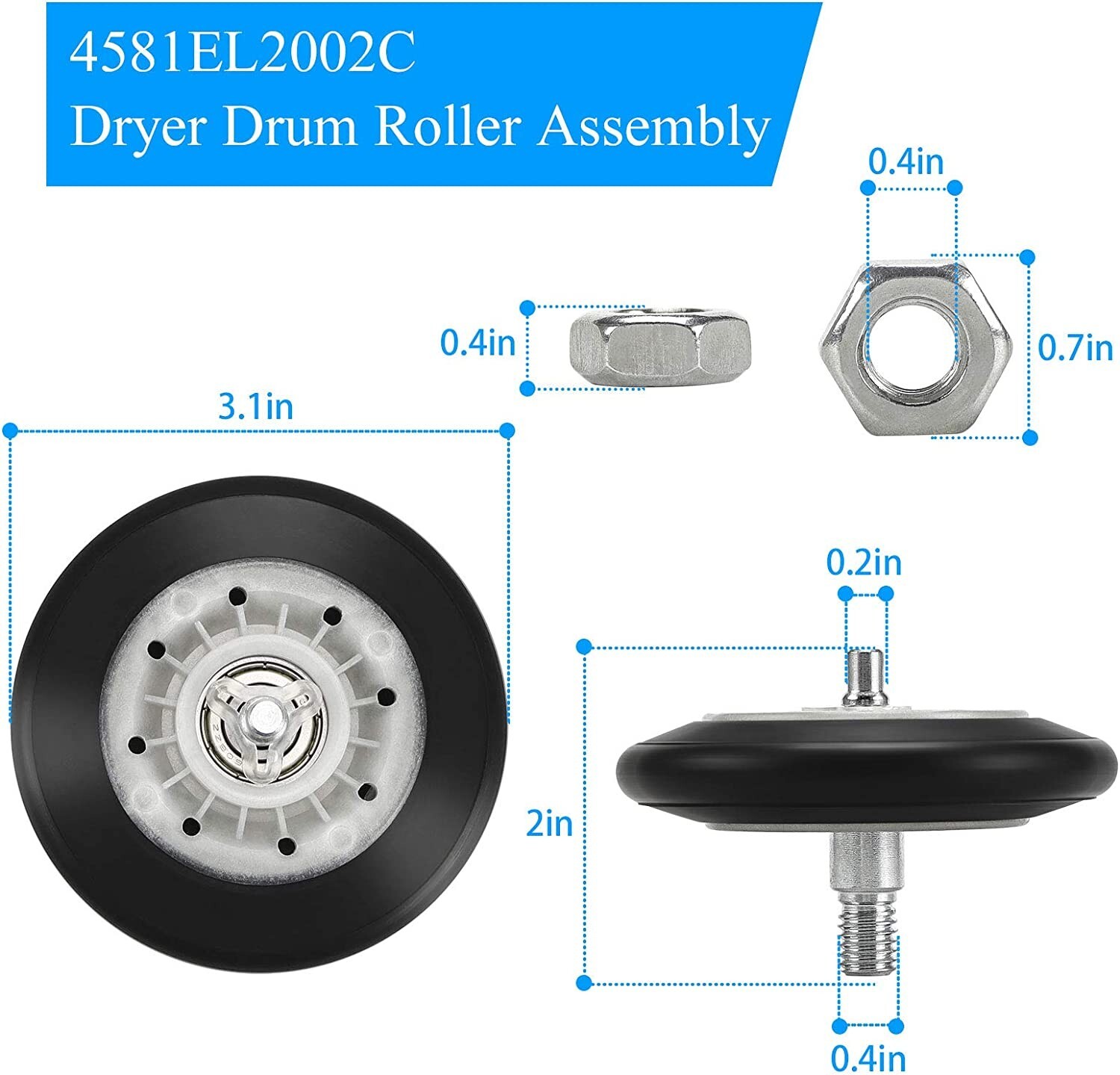 4581EL2002C Dryer Drum Roller Wheel and Shaft Pack of 4 For LG ...