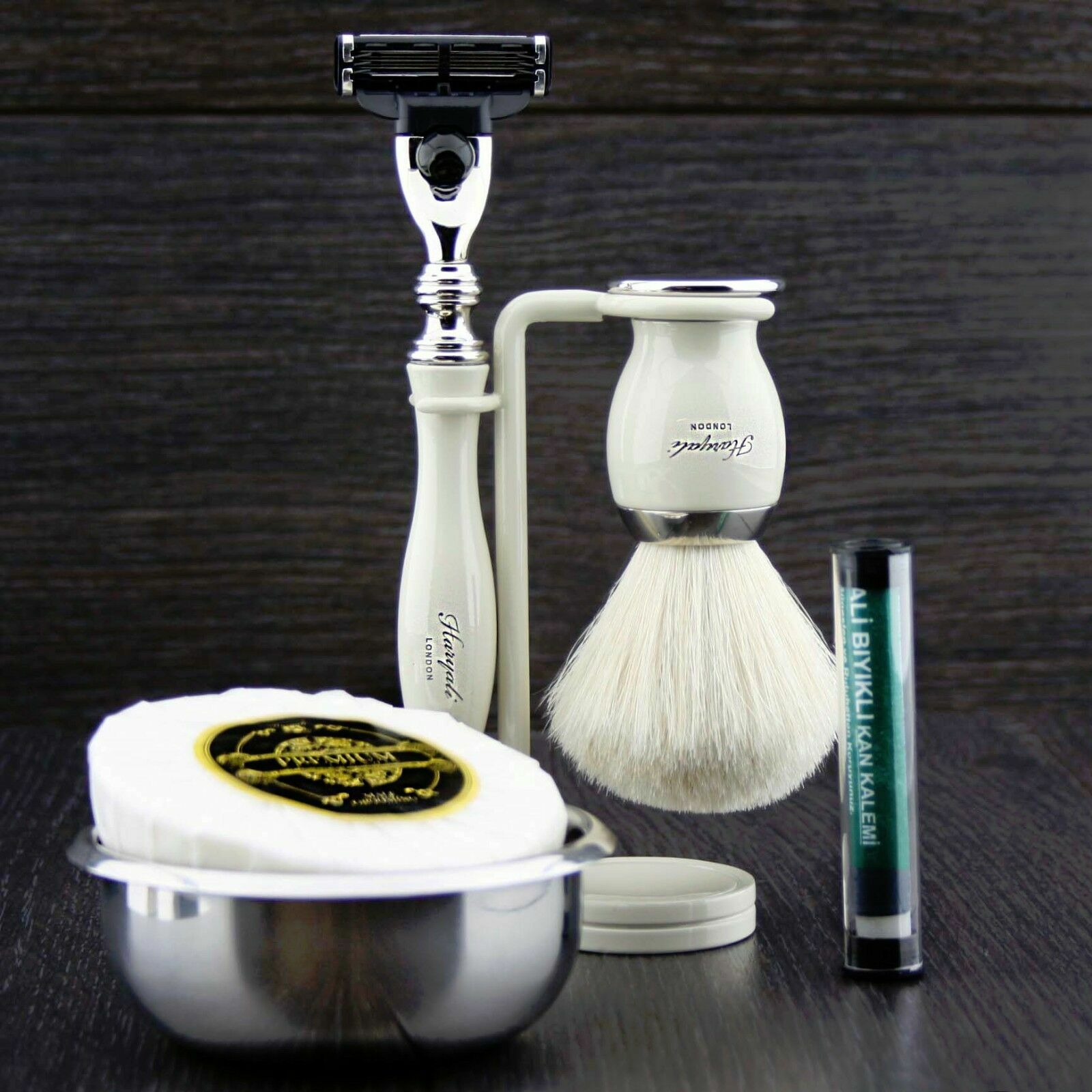 Men Shaving Set With White Badger Hair Brush, 3 Edge Razor, Stand ...