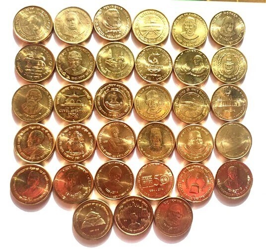 2009 TO 2015- 5rs UNC 33 BRASS INDIA REPUBLIC RARE Coins Lot - WT. 6 ...