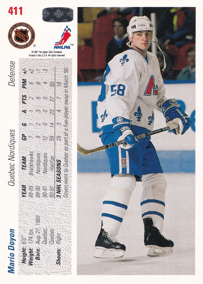 1991-92 Upper Deck #411 Mario Doyon- Quebec + (Yes 4 Free Mystery Cards ...