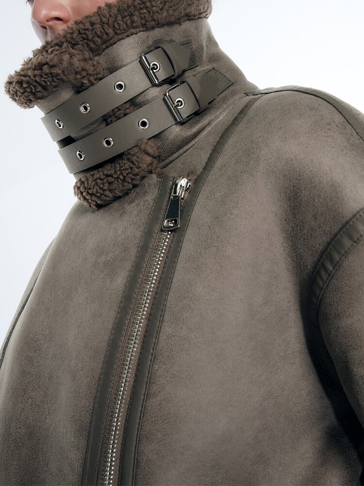 ZARA GREY FAUX LEATHER SHEARLING FUR DOUBLE-FACED BIKER JACKET AVIATOR ...