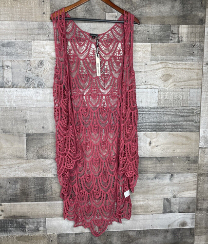 COCO CARMEN Womens S M Long Red Crochet Open Front Cardigan Duster Maxi ...