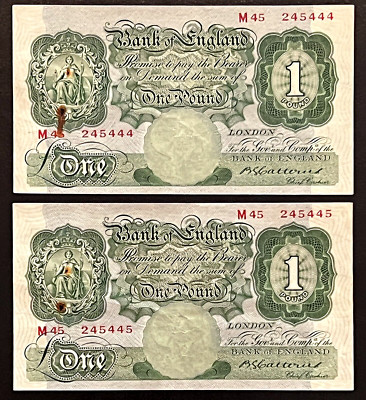 (2) CONSECUTIVE 1930 BRITISH £1 ONE POUND TREASURY NOTES, CATTERNS, B ...