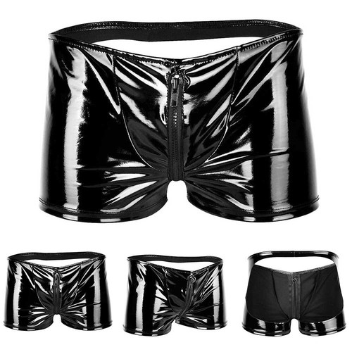Mens PVC Zip Pouch Briefs Wet Look Boxer Trunks Shorts Backless ...