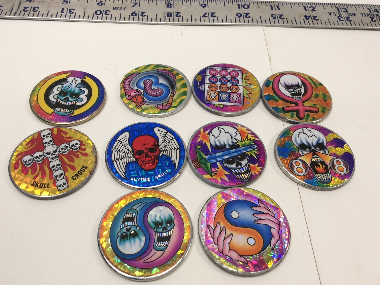 10 Vintage Metal Pog Slammers Lot 20 Skull 8 Ball Cross Ying Yang Sword ...