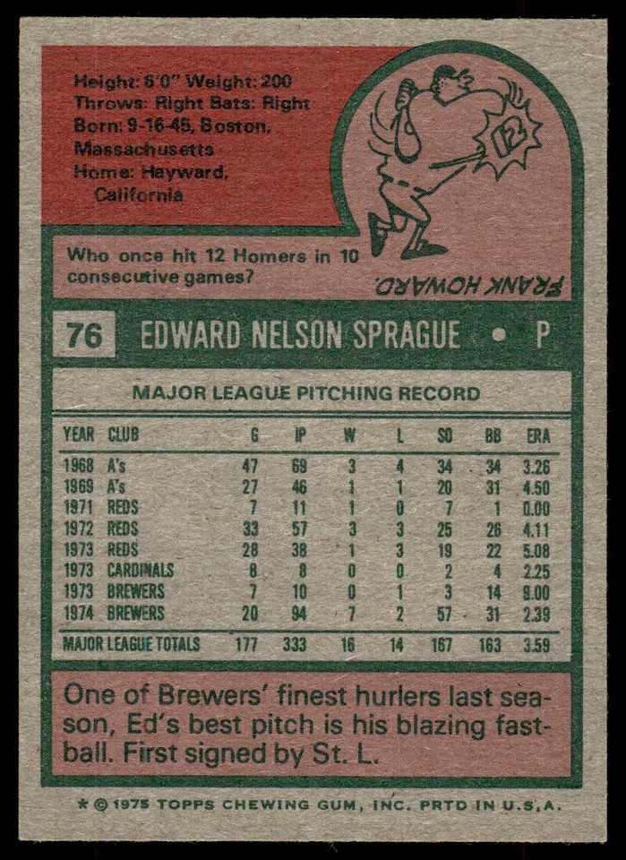 1975 Topps Baseball Card Ed Sprague Milwaukee Brewers #76 NM | eBay