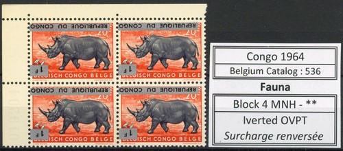 [12.885] Belgium Congo 1964 fauna Rhino block 4 Vf MNH with inverted ...