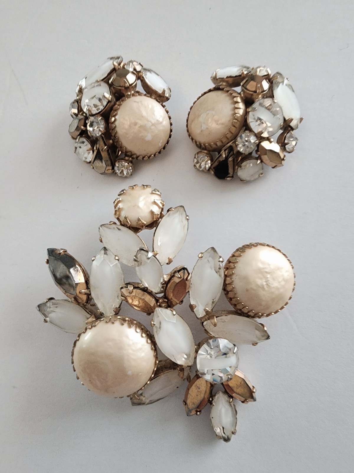 Regency Brooch & Earrings Creamy Faux Pearls, Rhinest… - Gem
