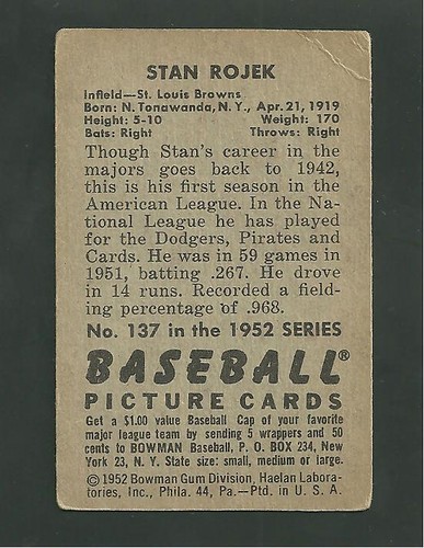 1952 Bowman #137 Stan Rojek Vintage Baseball Card MLB St Louis Browns ...