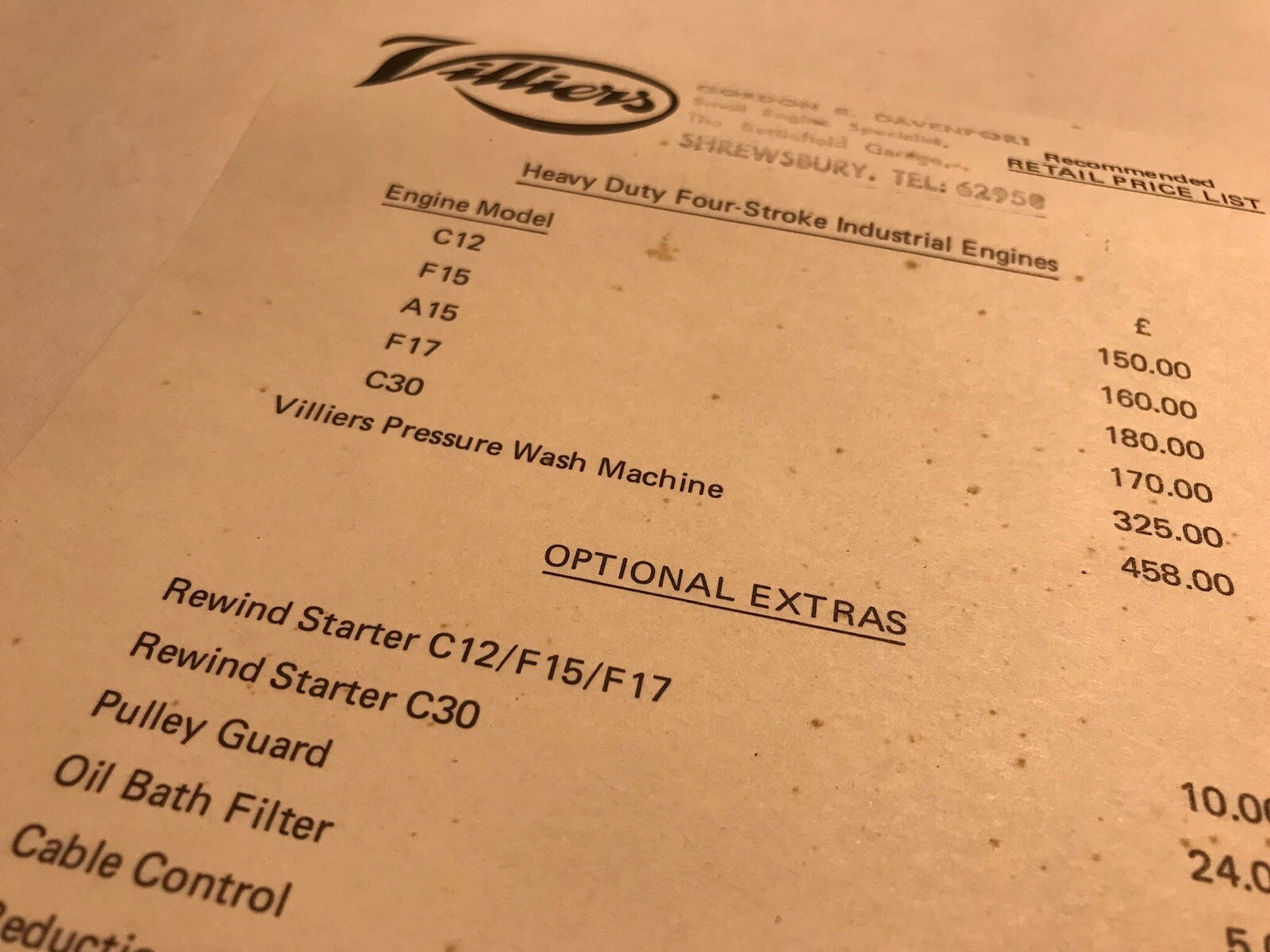VILLIERS Heavy Duty Engines C12 F15 A15 F17 C30 Original Price List ...