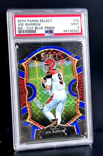 2020 PANINI SELECT JOE BURROW DIE CUT BLUE ROOKIE CARD #46 PSA MINT 9 ...