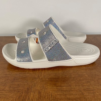 Crocs Womens Classic Glitter II Sandal 11 Silver White Double Straps ...