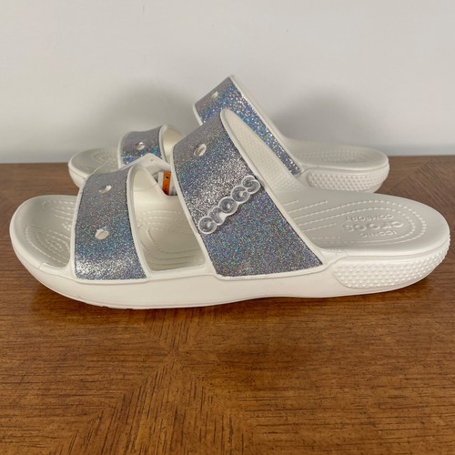 Crocs Womens Classic Glitter II Sandal 11 Silver White Double Straps ...