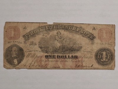 1862 $1 Virginia Treasury Obsolete Civil War Era Note Ratty | eBay