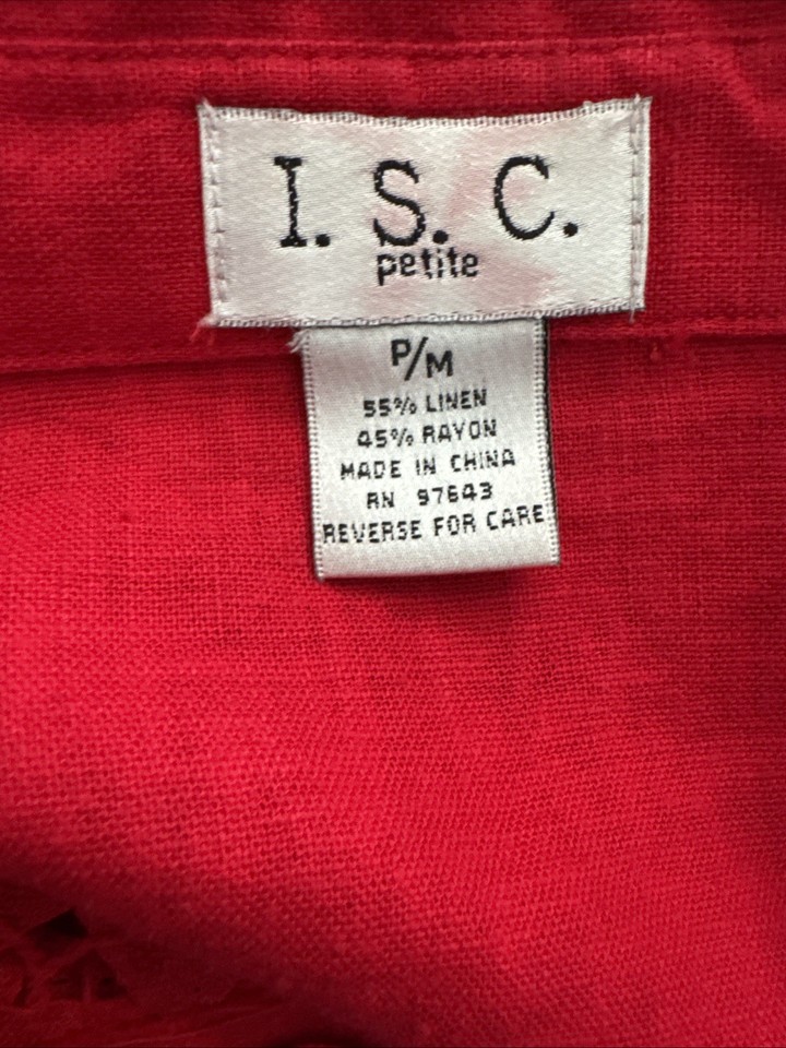 ISC Red Rayon Linen Blend Long Sleeve Button Down Blouse Top Womens PM ...