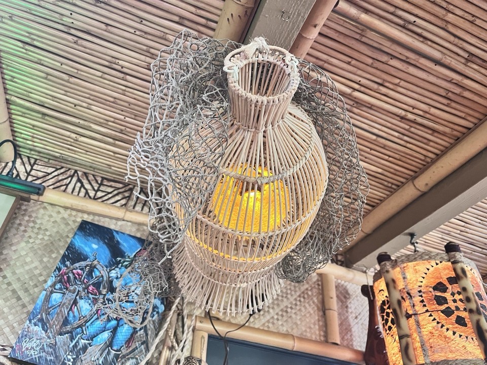 NEW Rattan Fish Trap Lamp W/ Real Puffer Fish Yellow Led Smokin Tikis ...