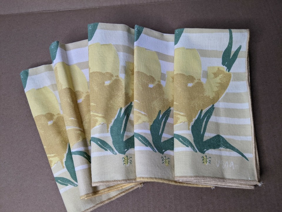 Vera Neumann Cloth Linen Napkins 16x17 Yellow White Stripes Flowers ...